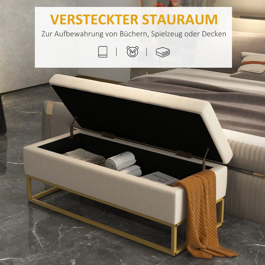 HOMCOM Lavice s úložným prostorem Čalouněná lavice s výklopným víkem v béžovém sametovém vzhledu Lavice s ocelovými nohami 110x44x49 cm do předsíně o…