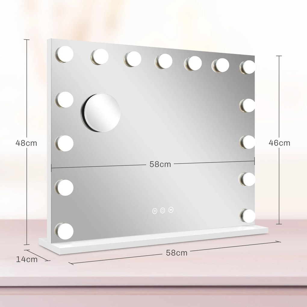 HOMCOM LED kosmetické zrcadlo, 3 režimy světla, stmívatelné, dotykové ovládání, USB, 58x48cm, bílá
