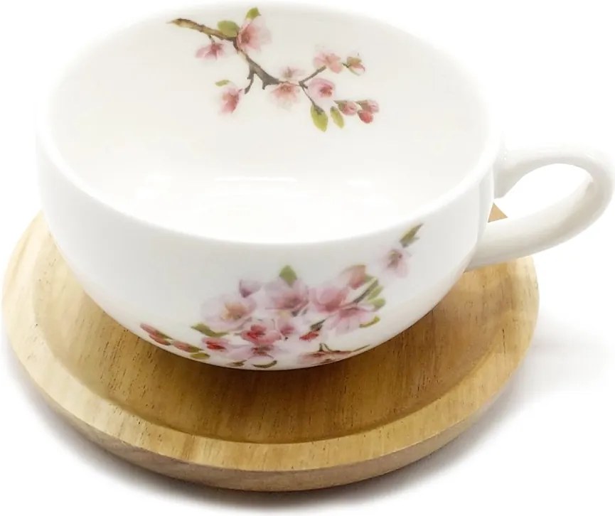 Porcelánový espresso šálek Sakura s podšálkem z akácie, 120 ml – s motivem rozkvetlé sakury