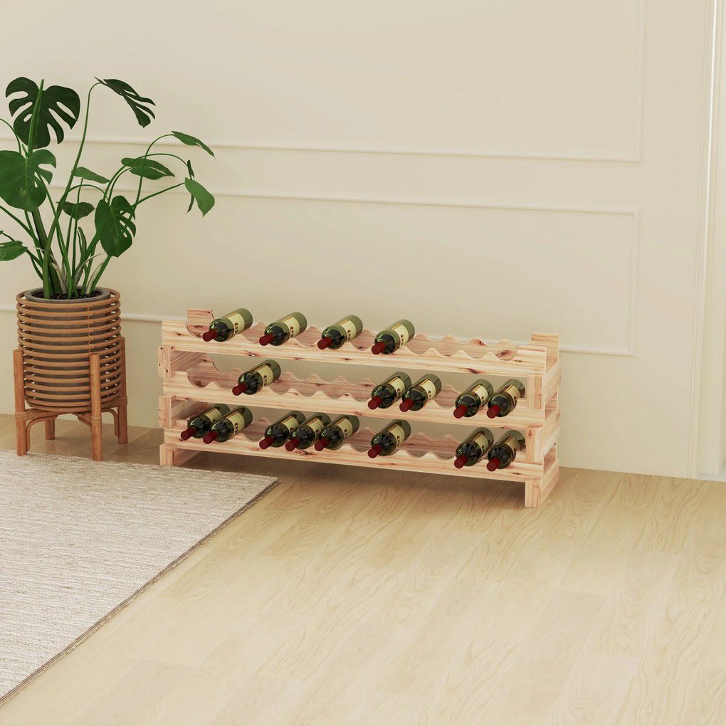 HOMCOM regál na lahve pro 36 lahví, 3-patrový modulární vinný regál, 114×28×42,5 cm, přírodní dřevo