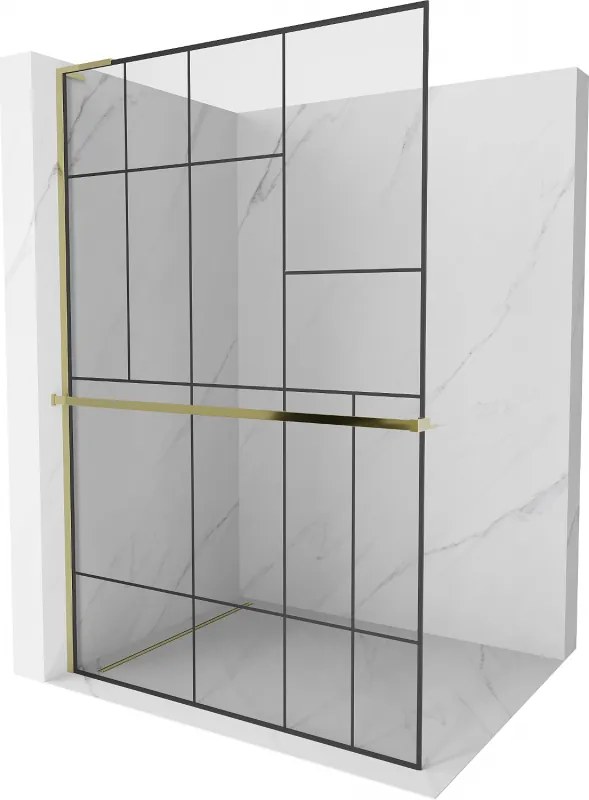 Mexen Kioto+ L, sprchová zástěna Walk-In s poličkou a věšákem 70 x 200 cm, 8mm čiré sklo černý vzor, ​​zlatý lesklý profil, 800-070-123-50-78