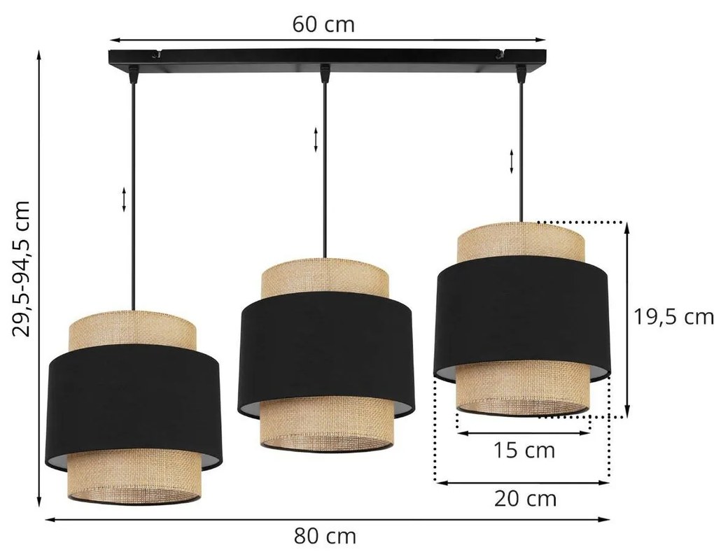 Závěsné svítidlo BOHO, 3x jutové/černé textilní stínítko