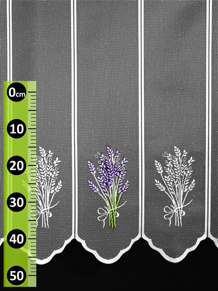 Mantis žakárová vitrážová záclona 307 barevná levandule s bordurou, bílá, výška 60cm (v metráži)