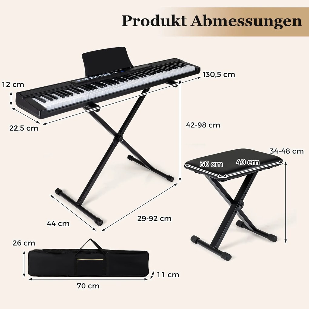 Costway 88 Keys Electric Piano s nastavitelným stojanem a stoličkou a Sustain