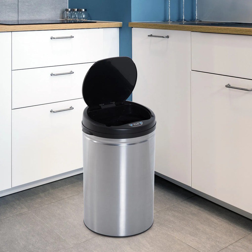 HOMCOM Automatický senzorový odpadkový koš IR senzorový odpadkový koš, kulatý, 30 l, volitelný vnitřní koš, nerez