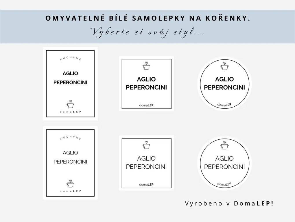 AGLIO PEPERONCINI - omyvatelná samolepka na kořenky, výběr rozměrů Ø 5 cm / 5 x 5 cm / 6 x 8 cm | DomaLEP tvar: OBDÉLNÍK, barva: BÍLÁ - ČERNÉ písmo, velikost: š. 6 cm x v. 8 cm – základní písmo