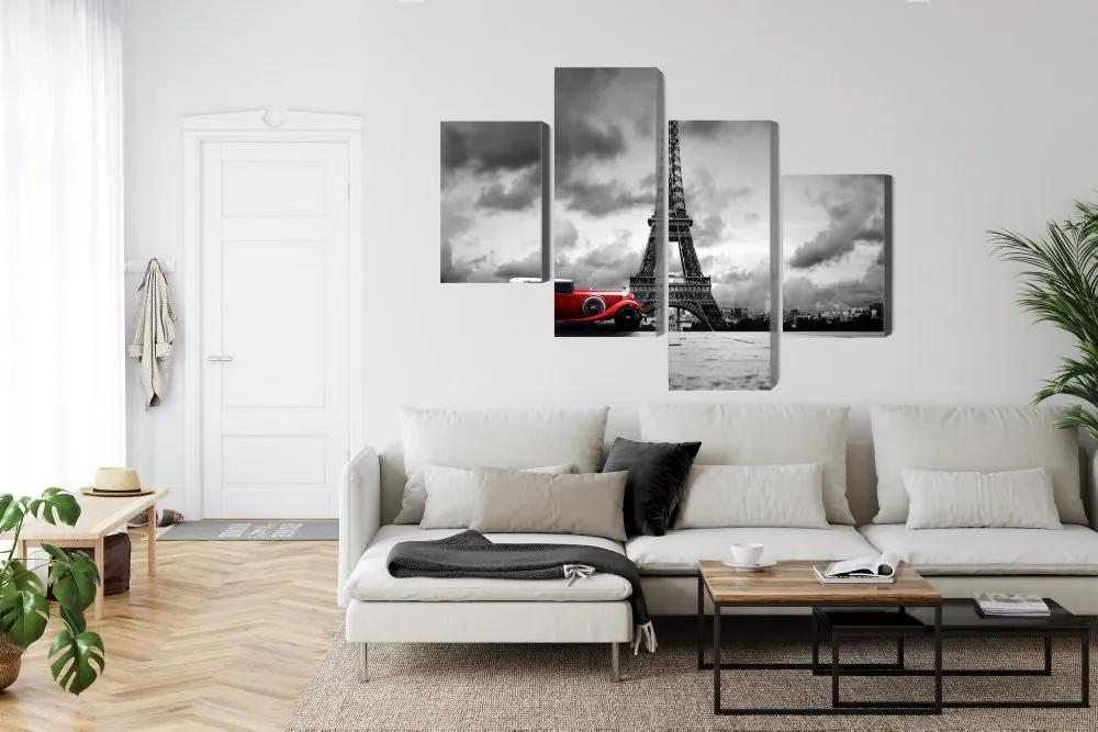 Vícedílný obraz Černobílý Pohled Na Eiffelovu Věž A Retro Auto Nedostatek Nedostatek Plátno Canvas 240x150