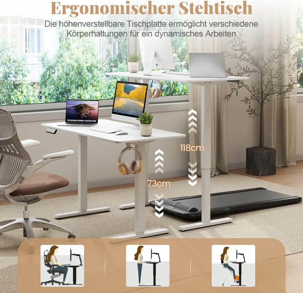 Costway Výškově nastavitelný stůl s hákem Elektrický stojící – 120 × 60 cm