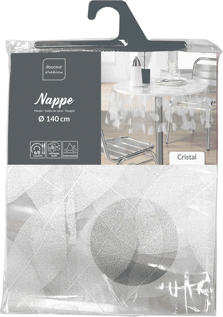 Kulatý průhledný ubrus FEUILLE WHITE, Ø 140 cm, motiv listů