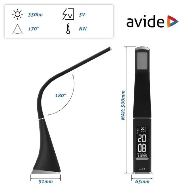 Kožená stmívatelná LED stolní lampa s displejem 6W 350lm, denní světlo, černá