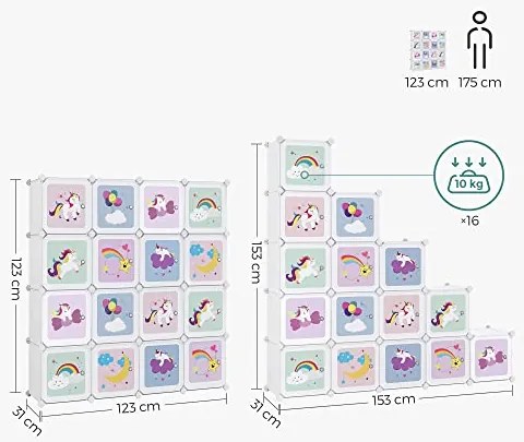 Dětská modulární skříň s 16 úložnými boxy, motiv jednorožci LPC906W01