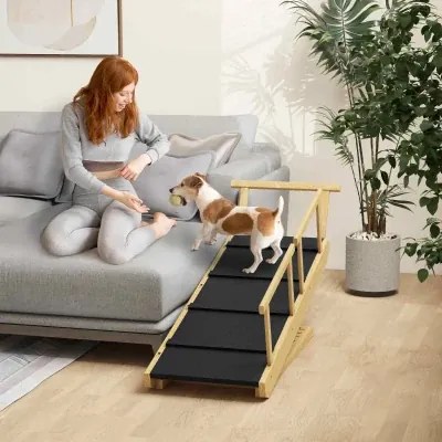 PawHut psí rampa, výškově nastavitelná, skládací, se zábradlím, pro psy do 40 kg, dřevěný rám, 85 x 40 x 61 cm, černá
