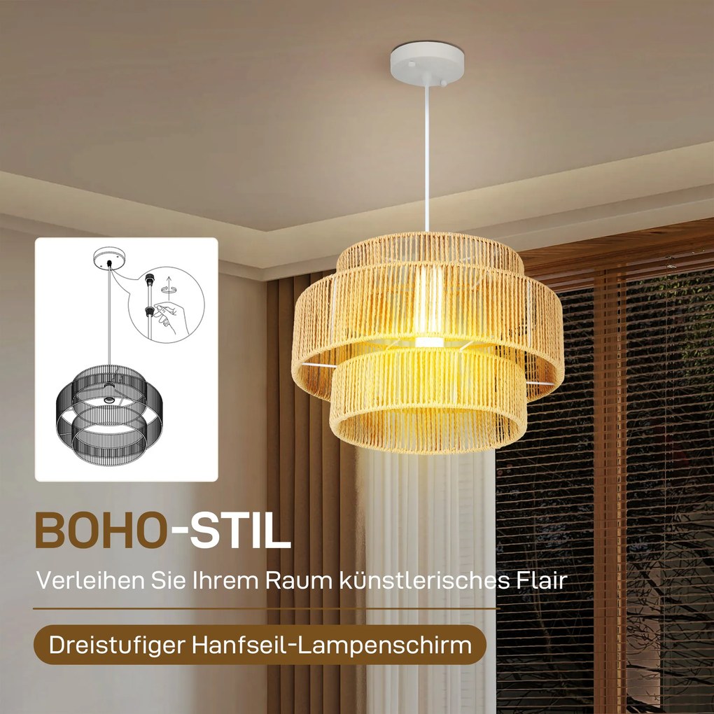 HOMCOM Závěsná lampa, 3stupňové stínidlo, kov, konopné lano, světle hnědá B31-521V00LR