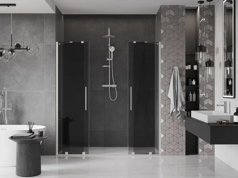 Mexen Velar Duo, posuvné sprchové dveře do otvoru 200 cm, 8mm šedé sklo, broušená ocel, 871-200-000-42-97