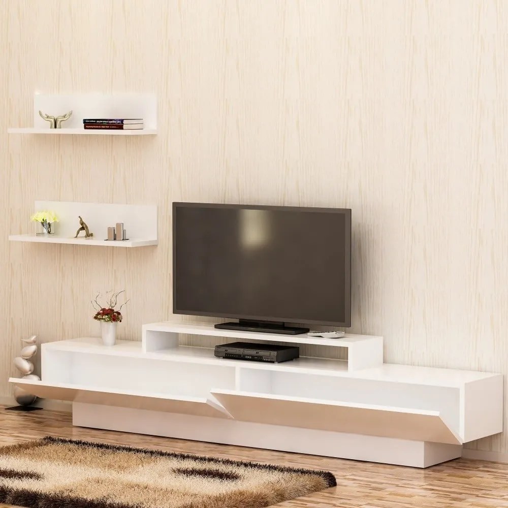 Set bílého TV stolku a 2 nástěnných polic Lucca TV White