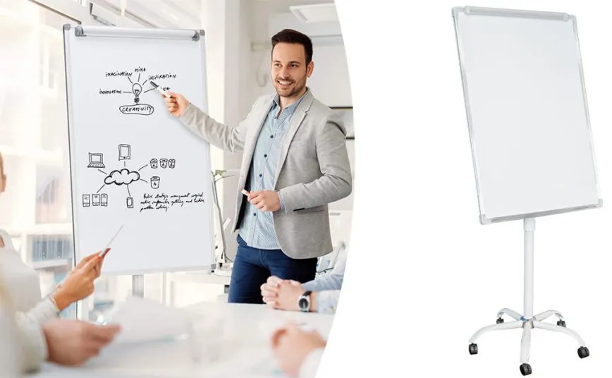 Magnetická skleněná flipchart tabule na kolečkách, 120x90 cm