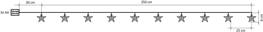 LED světýlka na baterie, ratanové hvězdy, 2,8 m, teple bílá, 10 diod, čirý kabel, IP20 interiér, 3 × AA