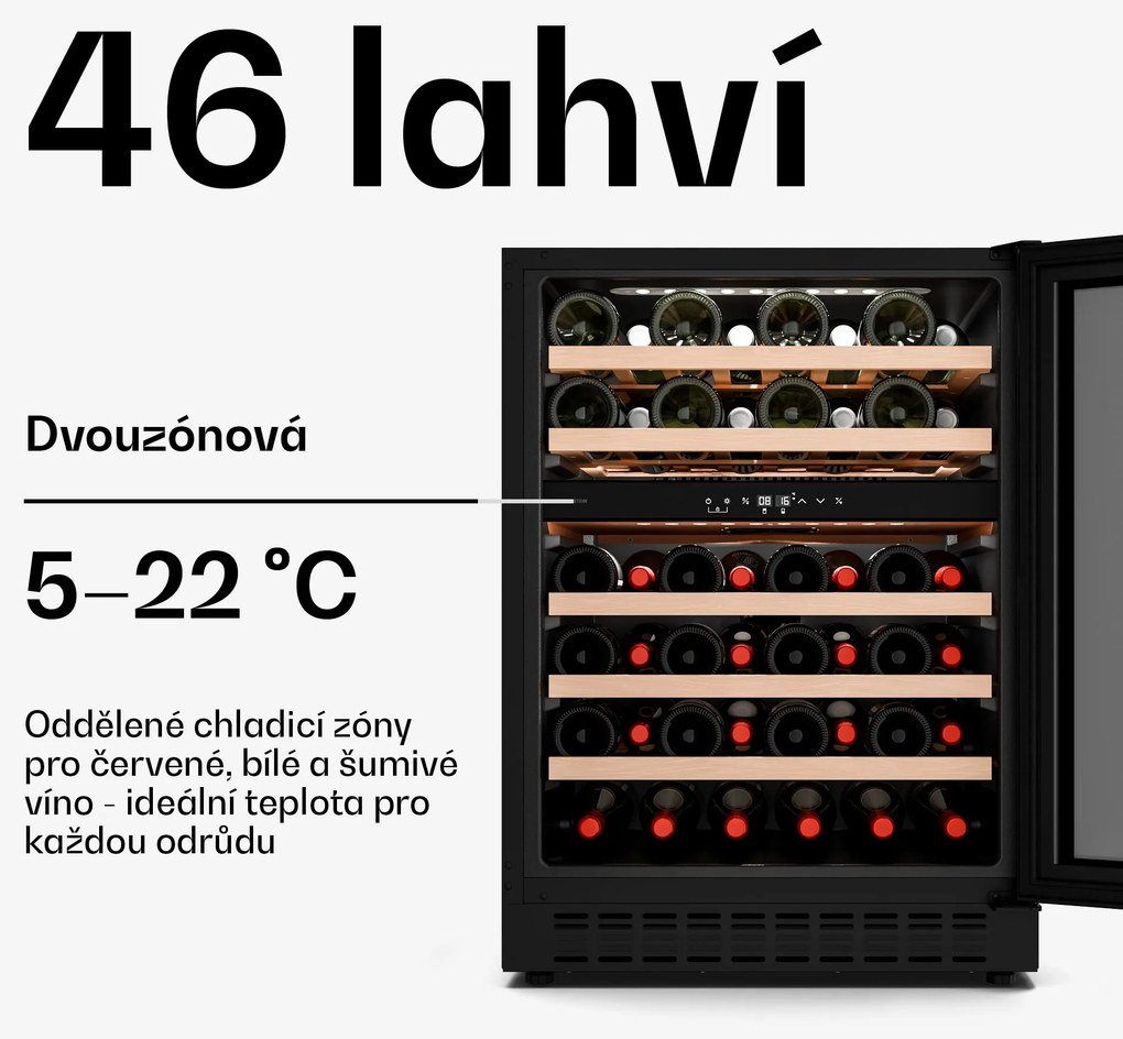 Klarstein Velaire vestavná vinotéka | Moderní, elegantní | UV ochrana | Dvojitá zóna | 46 lahví