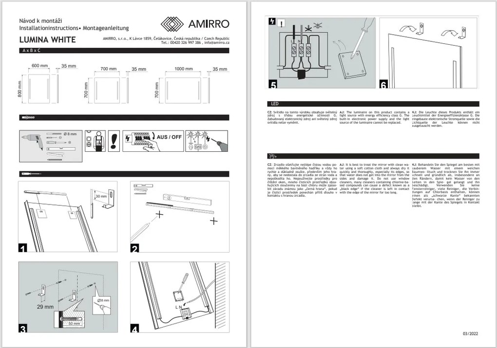 Zrcadlo na zeď chodbu do pokoje ložnice koupelny předsíně LUMINA WHITE - 80 x 60 cm se dvěma podsvícenými pruhy (zářivkové osvětlení) 901-329