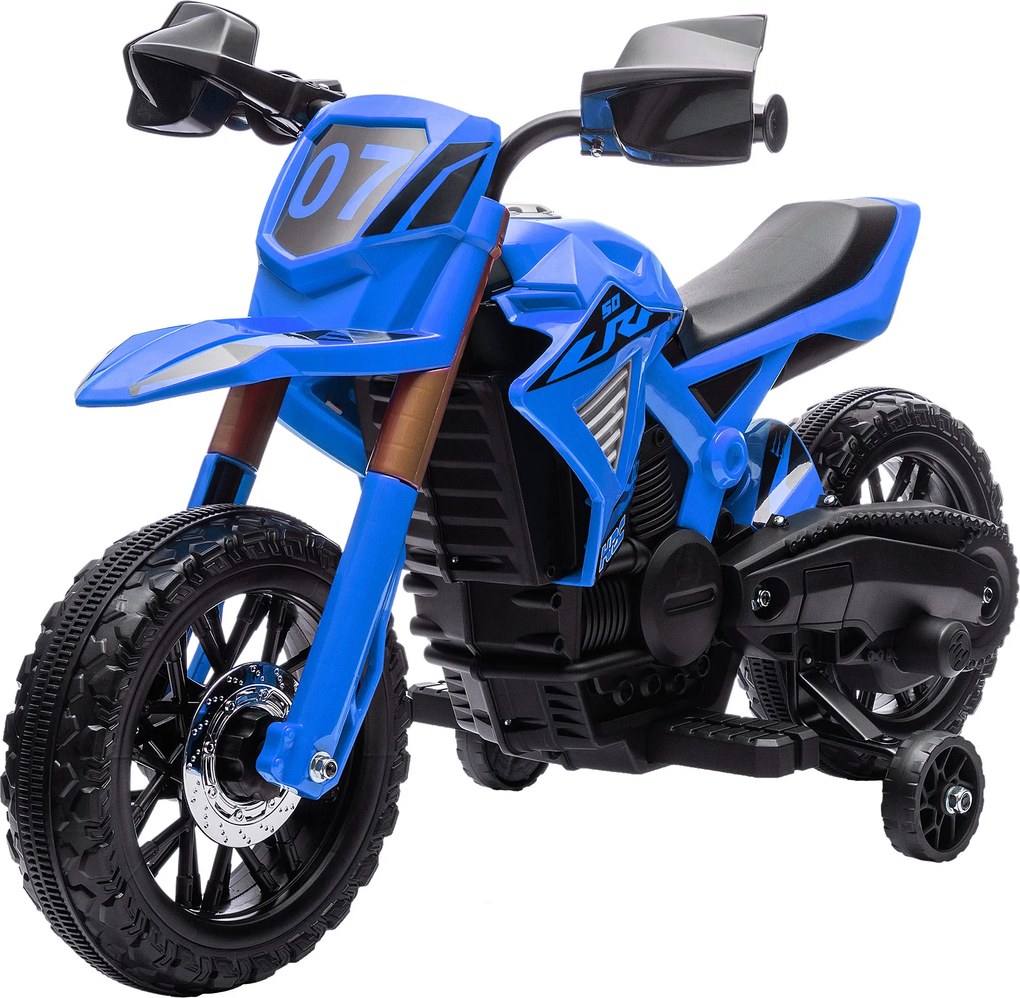 AIYAPLAY Elektrická motorka pro děti 3+ let, 12V, bateriová motorka s tréninkovými kolečky, twist throttle a klakson, nosnost 30 kg, modrá
