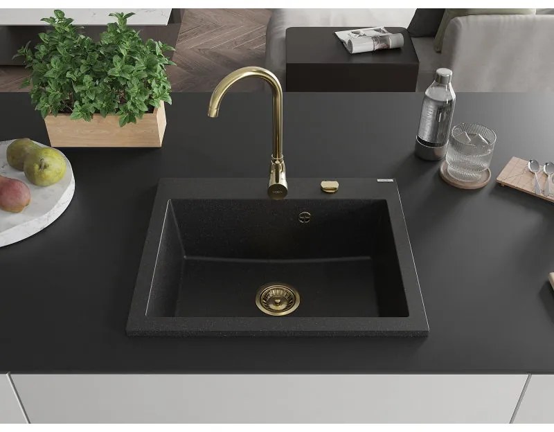 Mexen Elix, 1-komorový granitový dřez 600 x 500 mm, černá/stříbrná metalíza, zlatý sifon - 6525601005-73-G