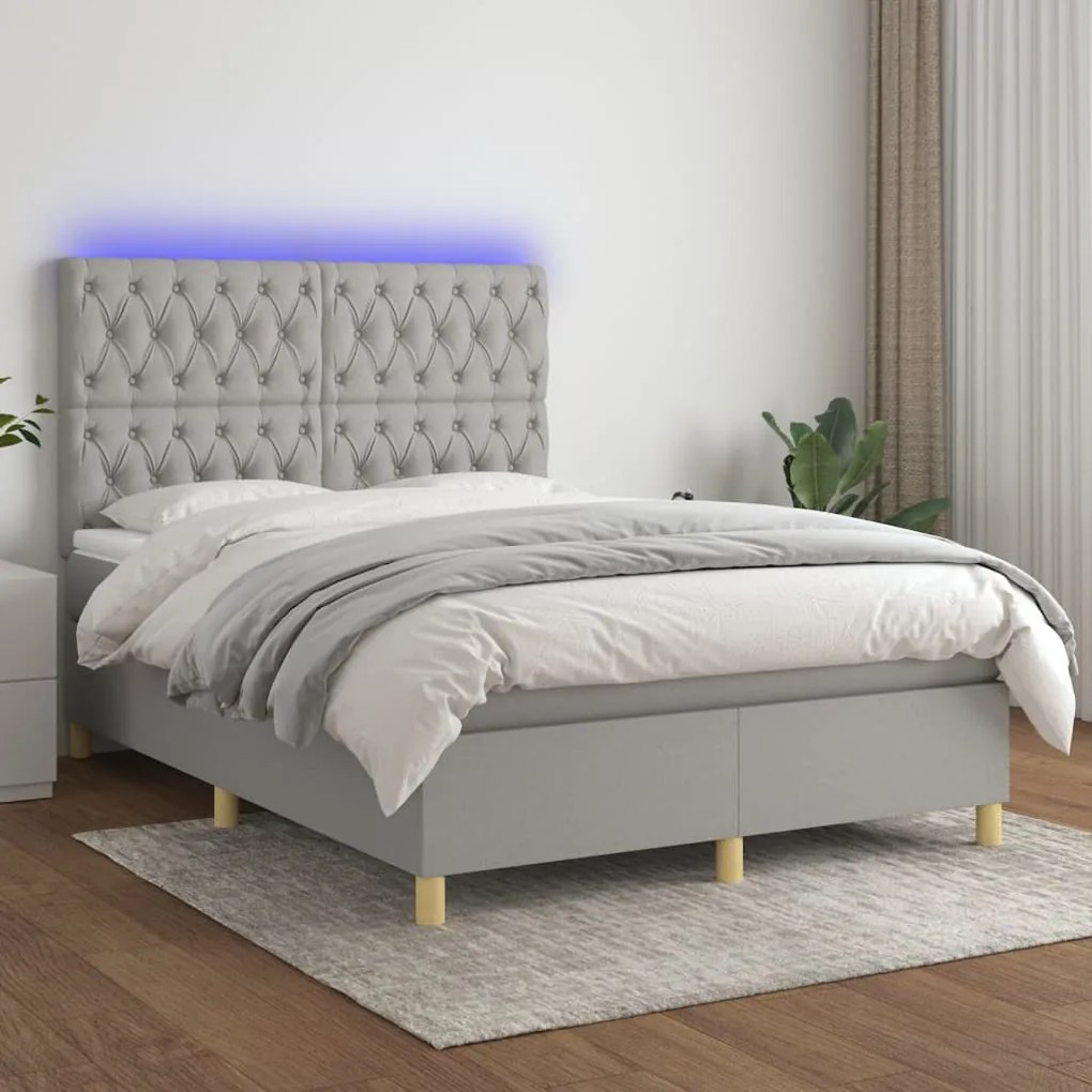 Box spring postel s matrací a LED světle šedá 140x200 cm textil 3135677