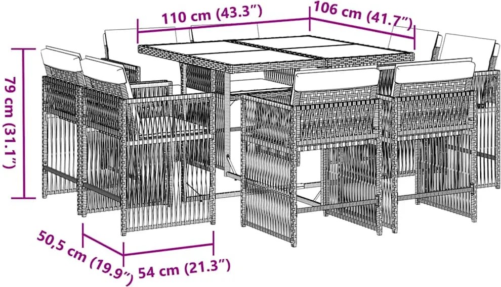 9dílný zahradní jídelní set s poduškami hnědý polyratan 3211737