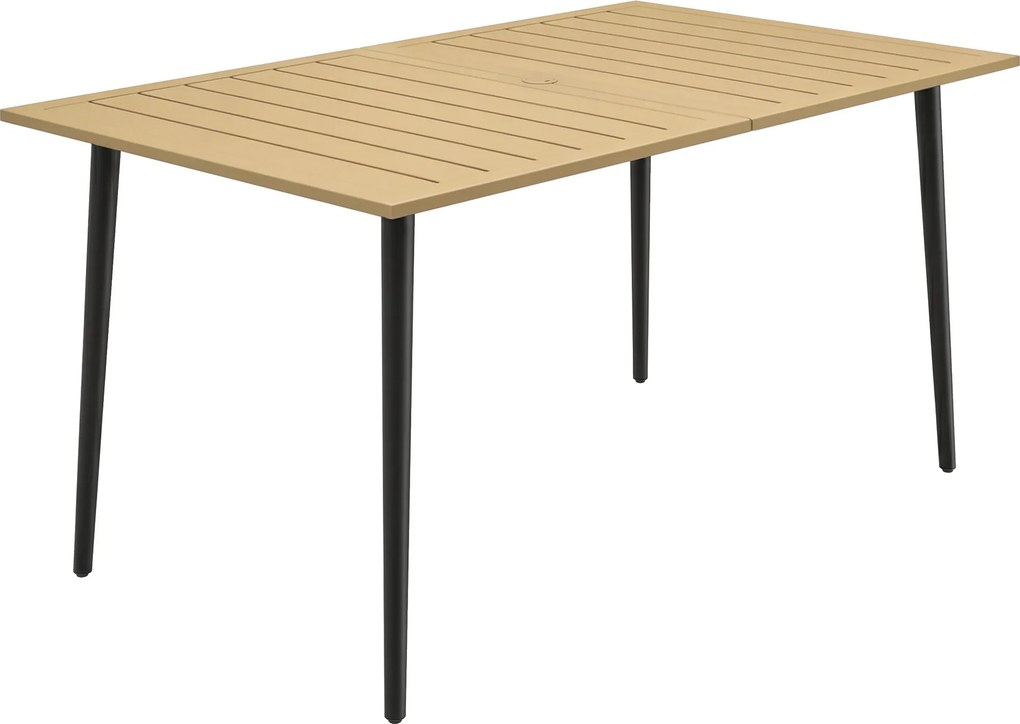 Outsunny Zahradní stůl 150x90cm, ocelový balkonový stůl odolný proti povětrnostním vlivům, balkonový stůl s otvorem pro slunečník hnědý