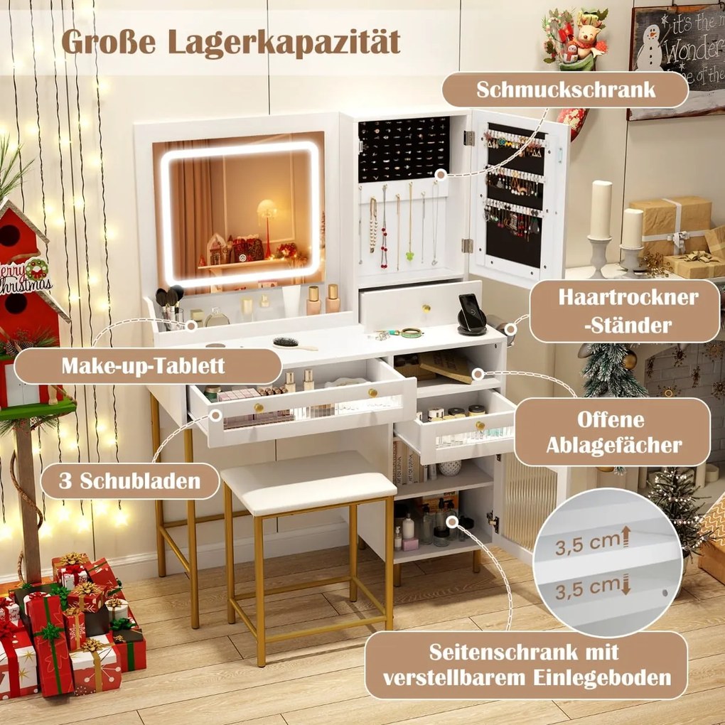 Costway Toaletní stolek s LED osvětlením a nabíjecí stanicí a toaletním stolkem