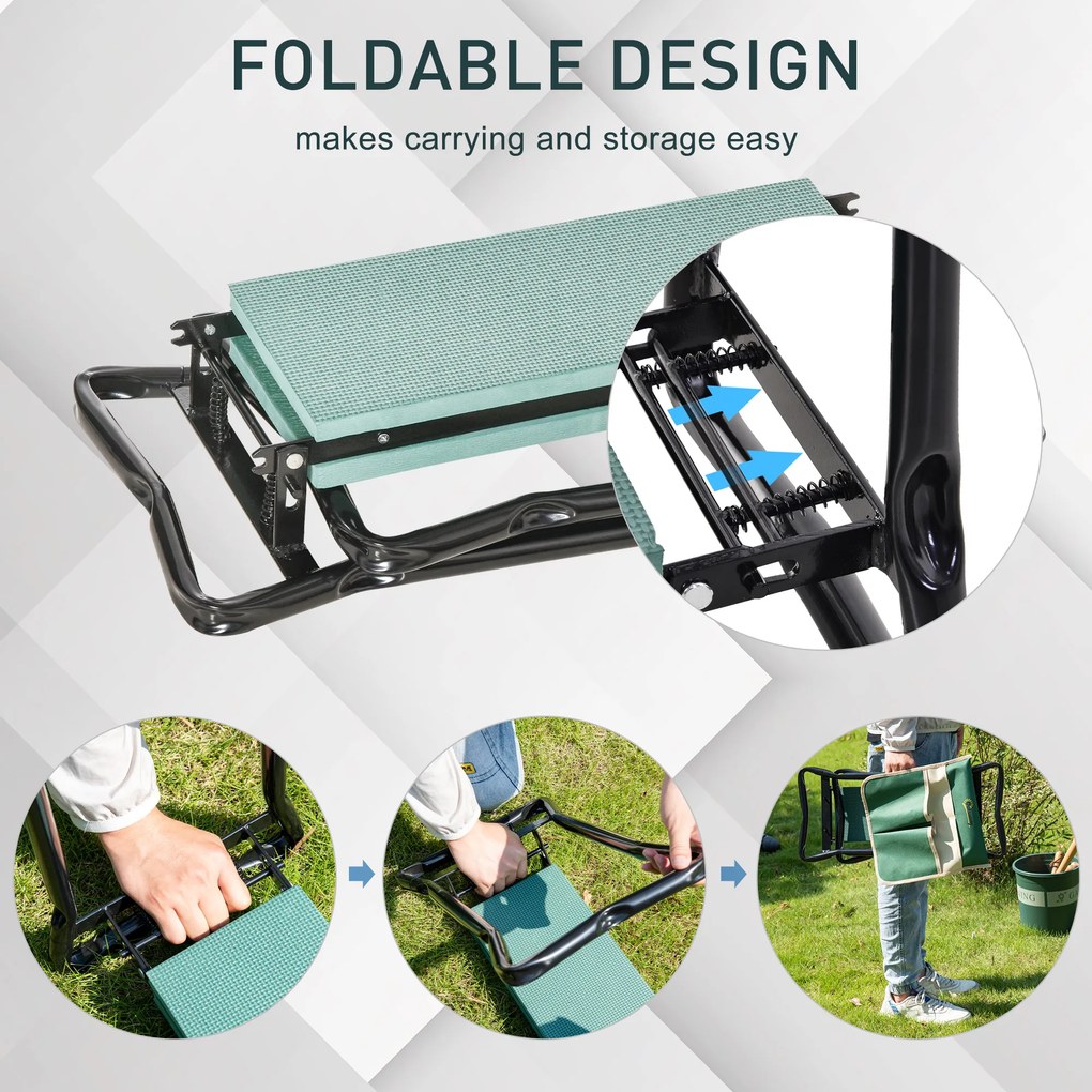 Outsunny kolenní lavice Skládací zahradní stolička 2 v 1 s brašnou na nářadí EVA pěna 58 x 28 x 49 cm pro zahradničení a rekreaci