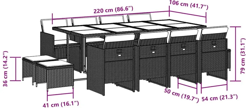 13dílný zahradní jídelní set s poduškami šedý polyratan 3210626