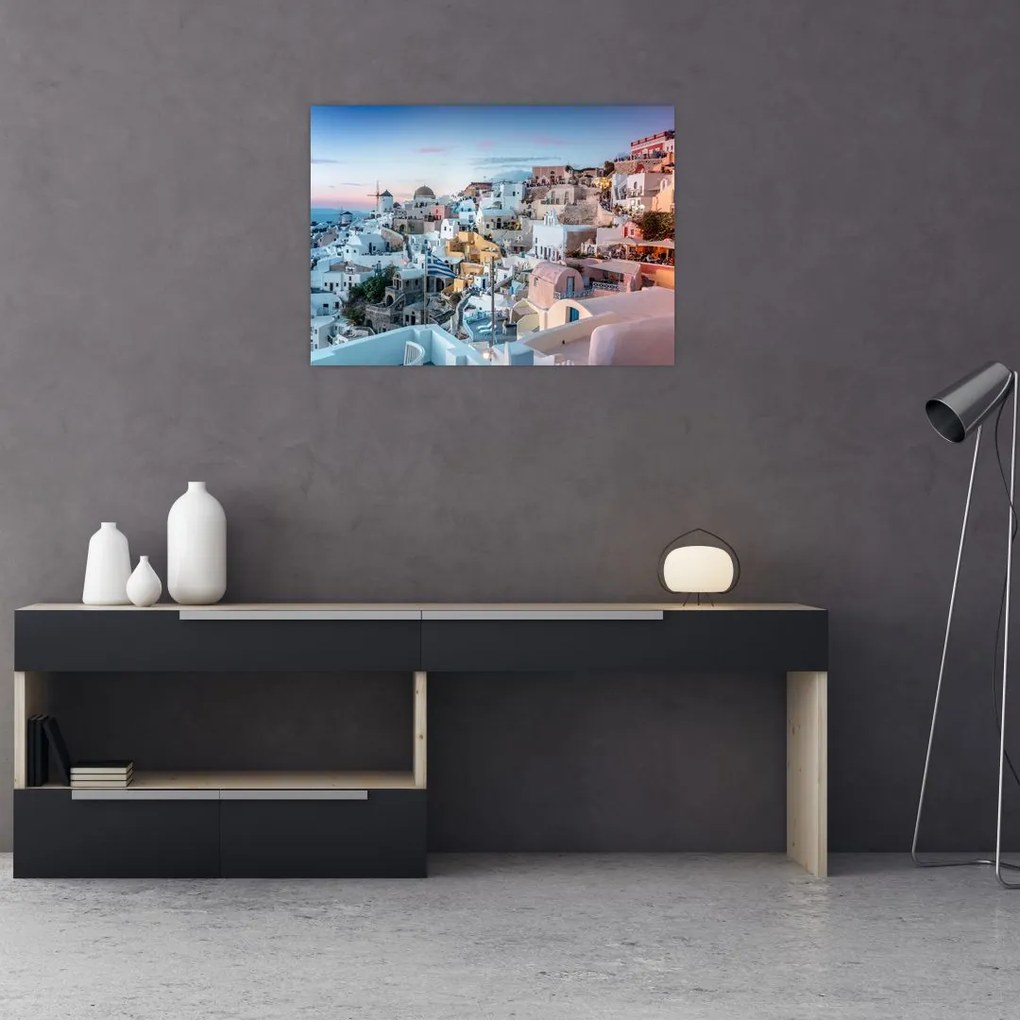 Skleněný obraz - Stmívání v Santorini (70x50 cm)