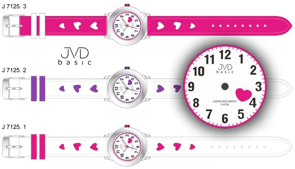 Dětské růžové hodinky JVD basic J7125.3 s růžovými srdíčky