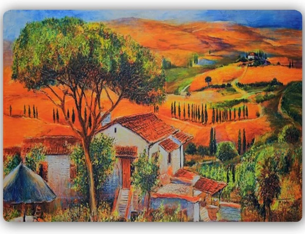 CARO Kovový obraz - Village Among The Hills 60x40 cm