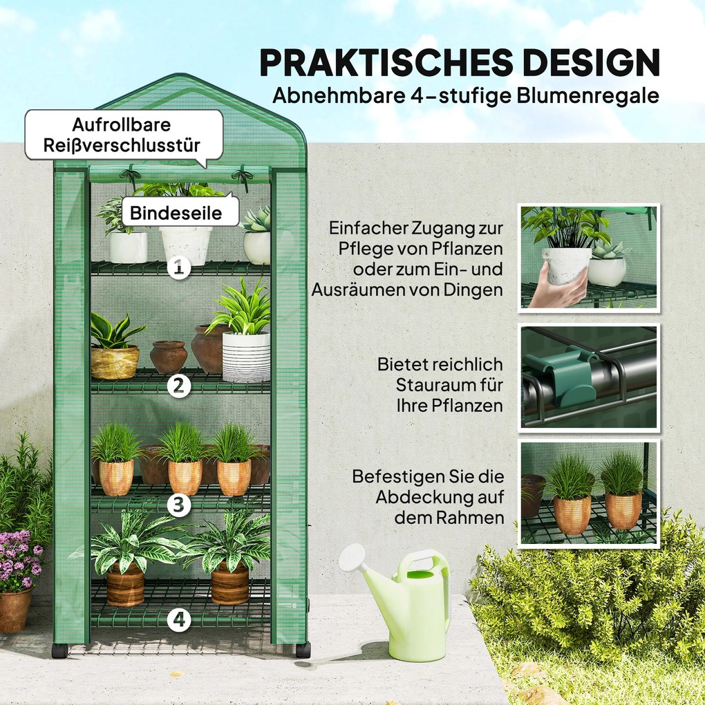 Fóliový skleník Outsunny s rolí, skleník se 4 policemi, fóliový skleník s ocelovým rámem, pro zahradu, balkon 69 x 50 x 165 cm, zelený
