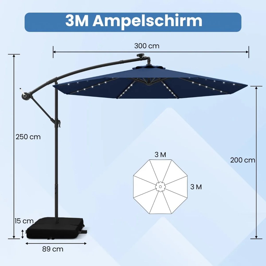 Costway Ø 300 cm konzolový deštník se 40 solárními LED světly a pytli s – modrý