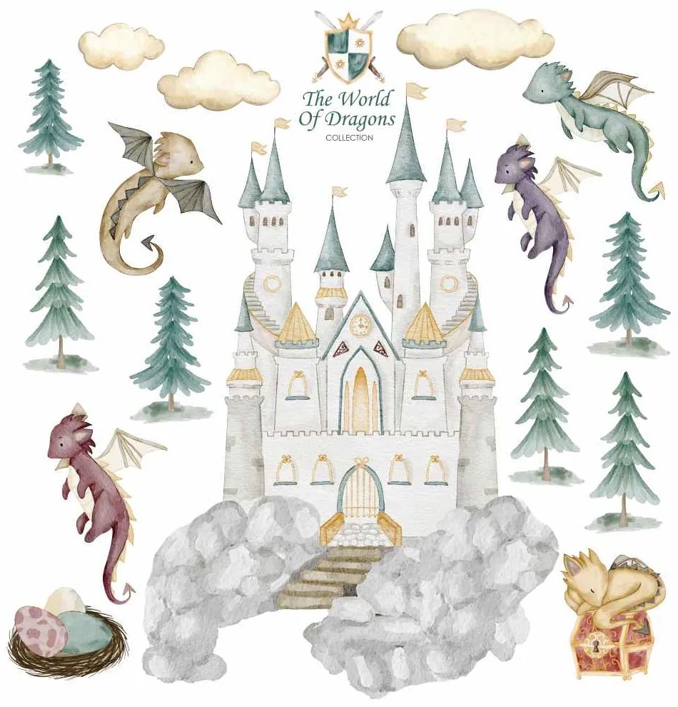 Gario Dětská nálepka na zeď The world of dragons - draci, vajíčka, zámek a poklad