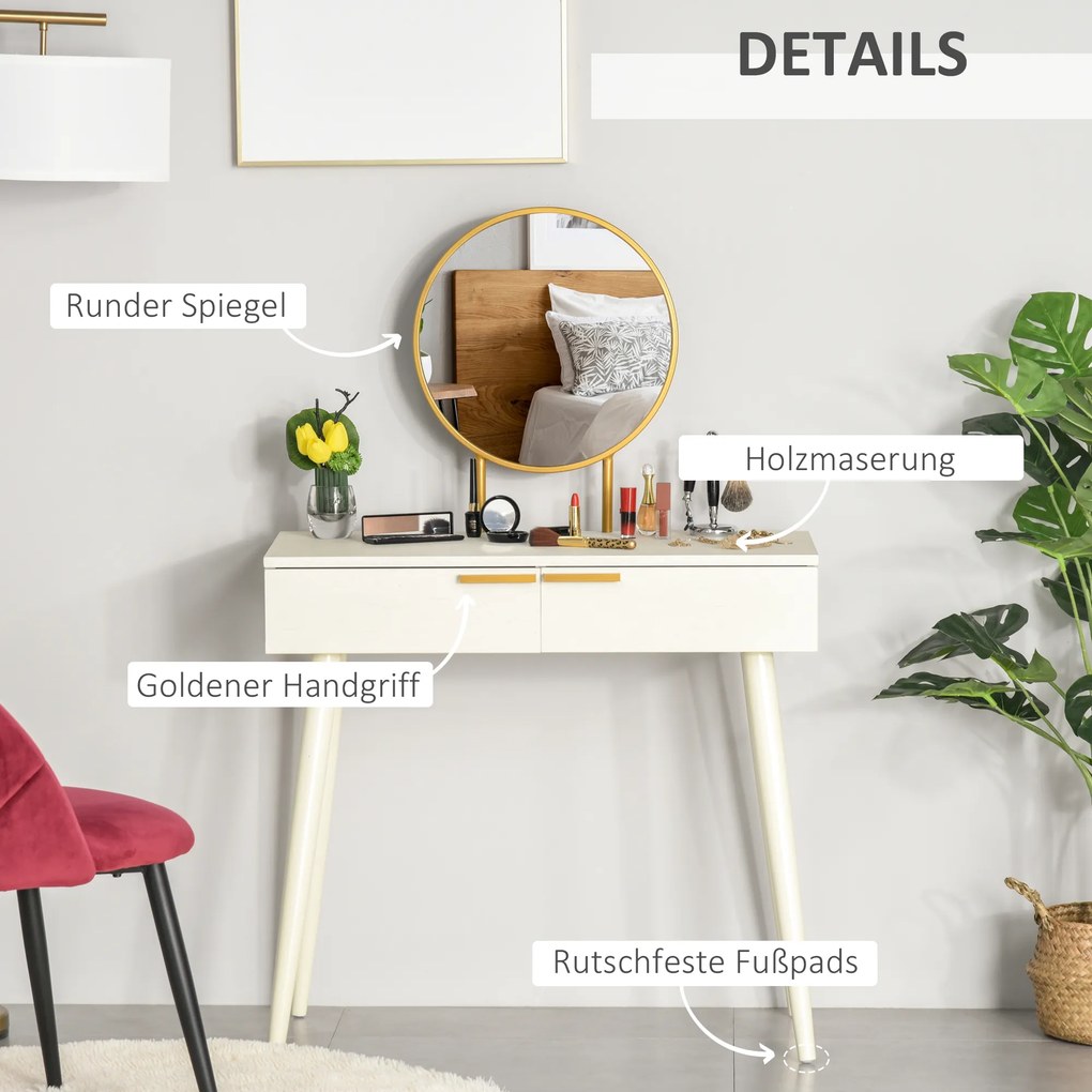 HOMCOM Toaletní stolek s kulatým zrcadlem, líčící stolek se 2 zásuvkami, moderní styl pro ložnici nebo šatnu 80x40x123 cm Bílý