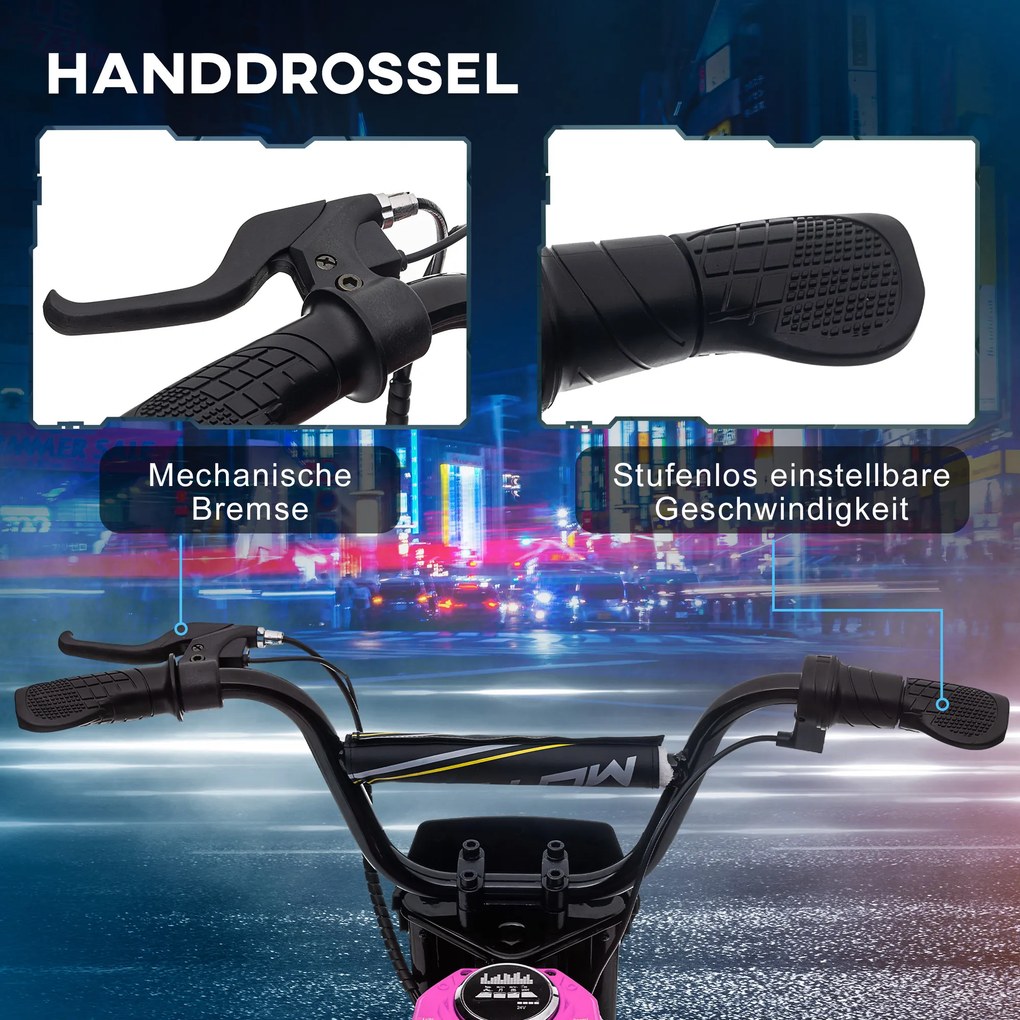 HOMCOM Elektrická motorka pro děti, 24V dětská motorka s klaksonem, světlem, s otočnou rukojetí plynu, 8-16 km/h, 8-12 let, růžová