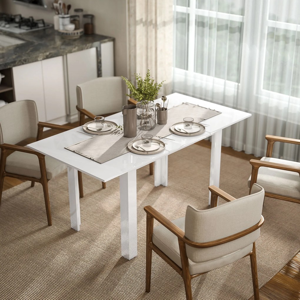 HOMCOM Rozkládací jídelní stůl, 120-160 x 70 cm, nastavitelný kuchyňský stůl pro 4-6 osob, MDF, vysoký lesk bílá