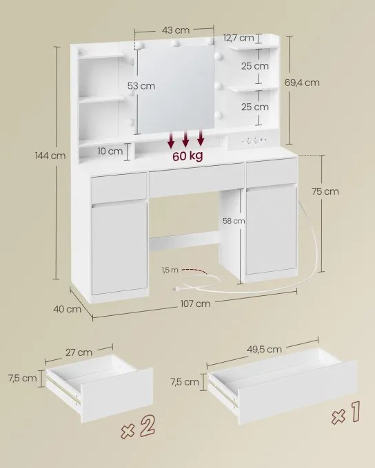 Toaletní stolek se zrcadlem a LED osvětlením RDT142WB02