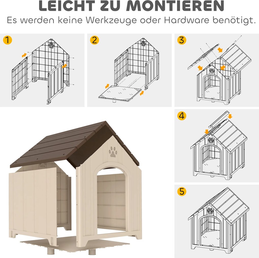 PawHut zvýšená venkovní bouda pro střední a velké psy — šikmá střecha, větrání a zemní kolíky, PP, 88 × 78 × 89 cm (béžová/tmavě hnědá)