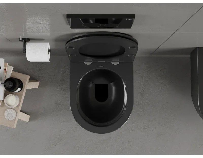 Mexen Carmen závěsné wc Rimless s toaletním Slim sedátkem z duroplastu, černá matná - 30881085