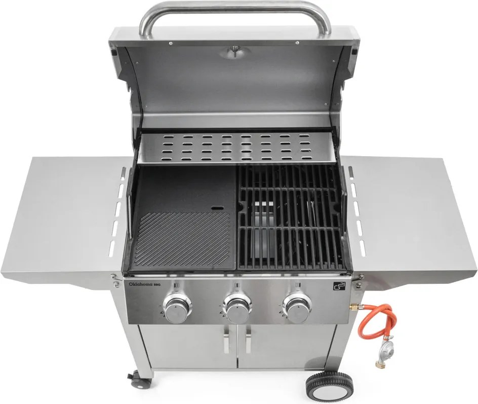 Plynový gril OKLAHOMA BBQ, 3 hořáky, s redukčním ventilem, stříbrná Penta CZ