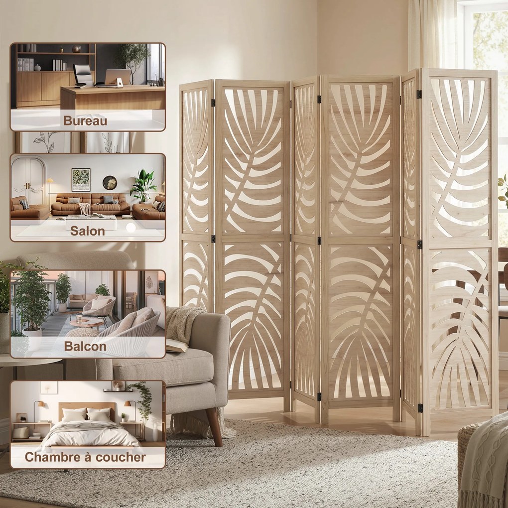 HOMCOM Paraván do interiéru ze dřeva 6 panelů 240 x 170 cm, skládací a přenosný, motiv listů, odnímatelný design, přírodní dřevo