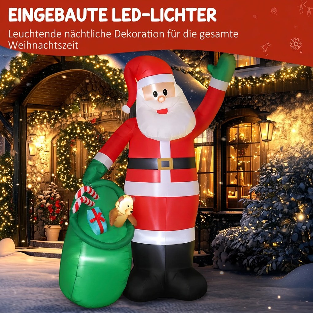 Outsunny Nafukovací Santa Claus, 275 cm, s pytlem a medvědem, vánoční dekorace s integrovanými LED světly