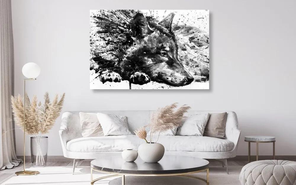 Obraz vlk v akvarelovém provedení v černobílé barvě Varianta: 60x40