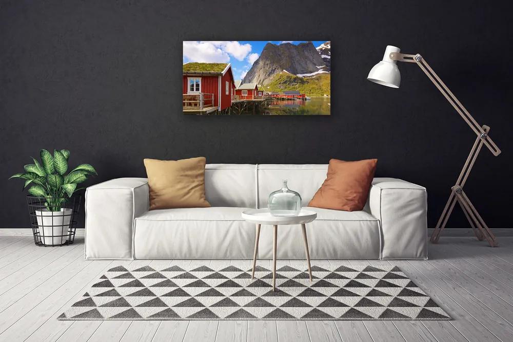 Obraz na plátně Domy Jezero Hory Krajina 125x50 cm