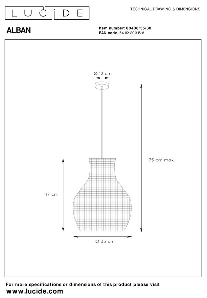 Lucide 03438/35/30 závěsné svítidlo Alban, černé, E27, ø35cm