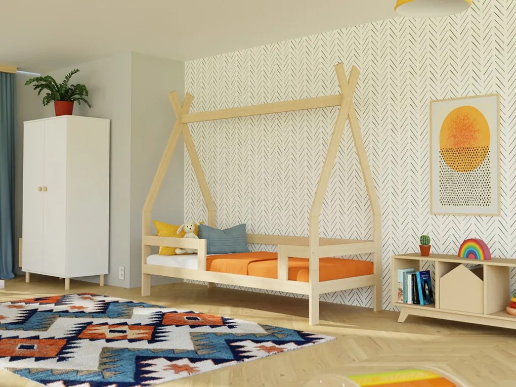 Benlemi Dětská dřevěná postel SAFE 5v1 ve tvaru teepee se zábranou Zvolte barvu: Cihlová, Zvolte rozměr: 90x200 cm, Zvolte zábranu: Se dvěma zábranami